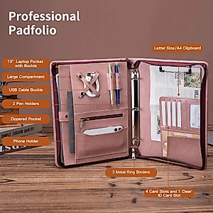 Geslun Vegan Leather Portfolio 3 Ring Binder with Clipboard, Hidden Handle, 8.5 x 11 Zippered Padfolio, Business Organizer Professional Executive Folio for Women, Pink