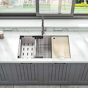 Sinber 32" x 19" x 10" Undermount Single Bowl Workstation Kitchen Sink with 16 Gauge 304 Stainless Steel Satin Finish 6 Accessories KSS0001S-OK