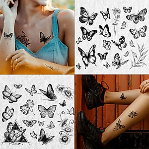 Cerlaza 20 Sheets Small Butterfly Temporary Tattoos for Women, 120 Styles Black Butterflies Tattoo Stickers Waterproof Long Lasting, Butterfly Themed Decorations Gifts for Girls Kids