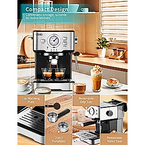 Gevi Espresso Machine 15 Bar Pump Pressure, Cappuccino Coffee Maker with Milk Foaming Steam Wand for Latte, Mocha, Cappuccino, 1.5L Water Tank （Tibetan Black）