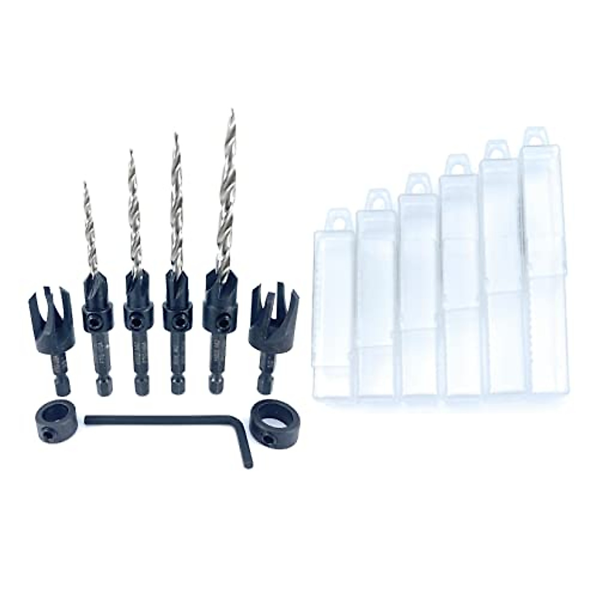 FTG USA Wood Countersink Drill Bit Set Sizes 6 8 10 12 Countersink Tapered Drill Bits, 2 Wood Plug Cutter for Sizes 3/8" and 1/2", 2 Stop Collars, 1 Allen Wrench, and 6 Storarage Containers