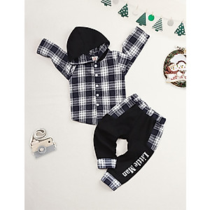 Axumity Toddler Boy Clothes Hoodie Sweatsuit Outfits Kids Flannel Plaid Shirt Top Colorblock Pants Set for Fall Winter Spring(3-4t)