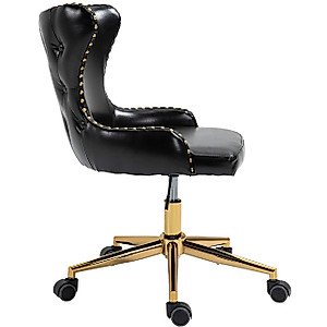 Meridian Furniture 167Black Hendrix Collection Modern Contemporary Vegan Leather Upholstered Swivel Adjustable Office Chair with Button Tufting and Gold Base, Black, 21.5" W x 24" D x 30.3"-32.6" H