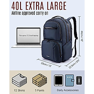 LIGHT FLIGHT Laptop Backpack for Men, Travel Backpack for Men Women bag with Charging Port Fits 17.3 Inch Computer, 40L Back Pack for Business Work College, Dark Blue