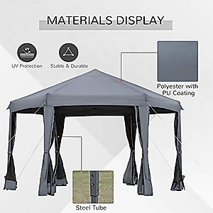 Outsunny 13' x 11' Hexagonal Pop Up Gazebo, Heavy Duty Outdoor Canopy Tent with 6 Mesh Sidewall Netting, 3-Level Adjustable Height and Strong Steel Frame, Gray