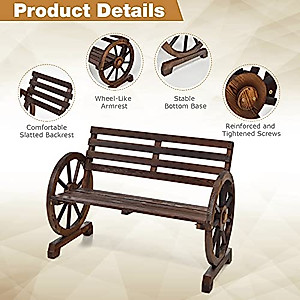 Giantex Outdoor Bench Wooden Wagon Wheel Bench, 2-Person Outdoor Garden Bench W/Slatted Seat, Backrest, Armrests for Backyard, Garden Rustic Retro Style Outside Decor Lounge Furniture Patio Bench