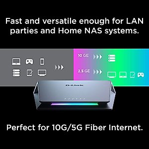 D-Link 6-Port 10Gb & 2.5Gb Unmanaged Gaming Switch with 1 x 10G, 5 x 2.5G - Multi-Gig, Network, Fanless, Plug & Play, Colored Indicator (DMS-106XT)