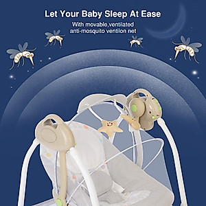 Baby Swings for Infants to Toddler, Compact Baby Swing with 6 Motions, Portable Swing with Music, Sounds, Timing, Baby Rocker with 2 Toys, Plush Seat & Soft Head Support, Machine Washable(Khaki)