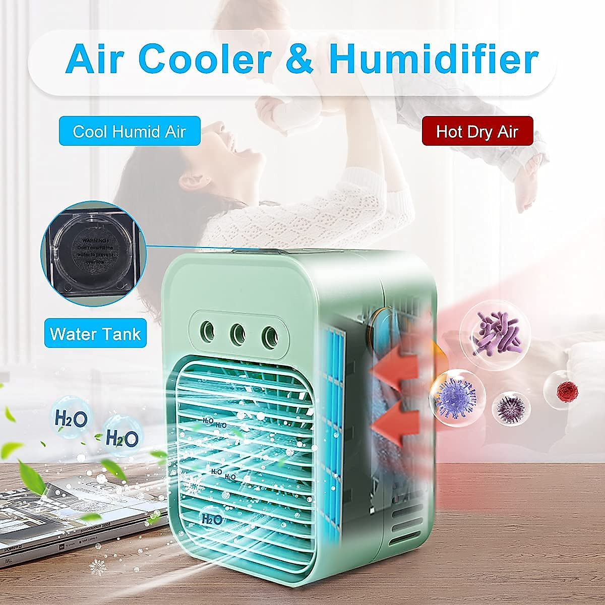 Portable Air Conditioner, Rechargeable USB Cordless Air Cooler, Personal Space Mini Evaporative Desk Fan, 3 Speeds Humidifier Misting Fan for Home, Office, Room