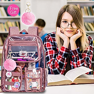 Clear Backpack for Girls Women, Heavy Duty PVC Transparent BookBag, Cute See Through School Bags for Teens Elementary - Pink