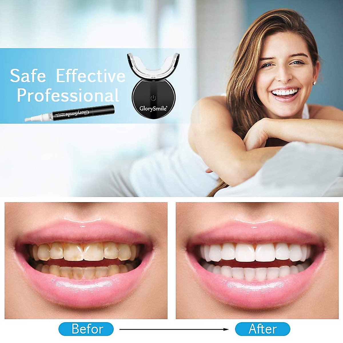 GlorySmile Teeth Whitening Kit with LED Light, 16 Min Non-Sensitive Fast Teeth Whitener with 3 Carbamide Peroxide Teeth Whitening Gel Pens, Helps to Remove All Kinds of Stain