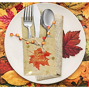 36 Thanksgiving Utensil Cutlery Holders Gold Foil with Give Thanks Maple Leaf Silverware Paper Pouch Pockets Harvest Autumn Table Place Settings Fall Tableware Party Supplies Decorations Gift Boutique