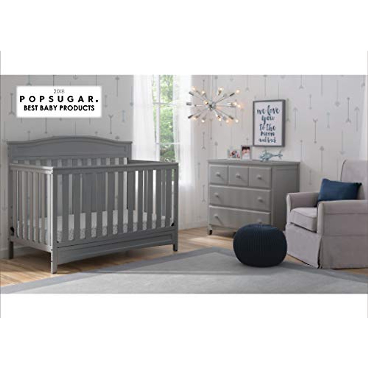 Delta Children Emery 4-in-1 Crib, Grey with Twinkle Stars Crib & Toddler Mattress
