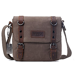 Troop London Heritage Canvas Leather Shoulder Bag, Across Body Bag, Smart Small Travel Bag TRP0428 (Olive)