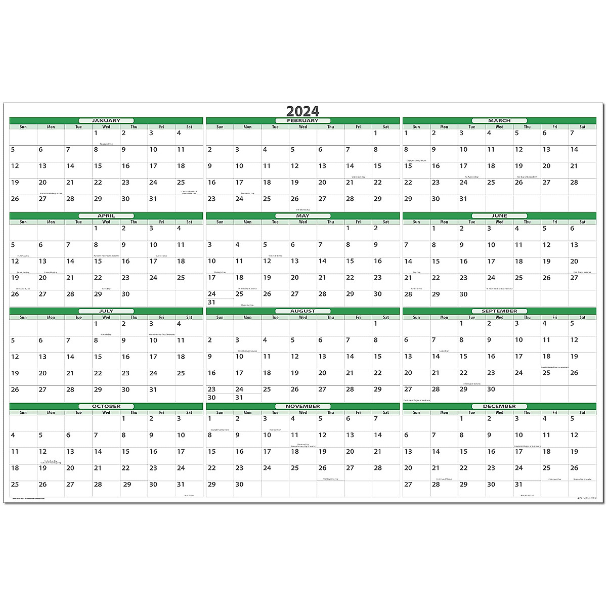 Earth Green 2024 Horizontal 36h x 56w Dry-Erasable Wall Calendar with Marker and Eraser. Best in its Class. Will not ghost or stain - 24H56GN