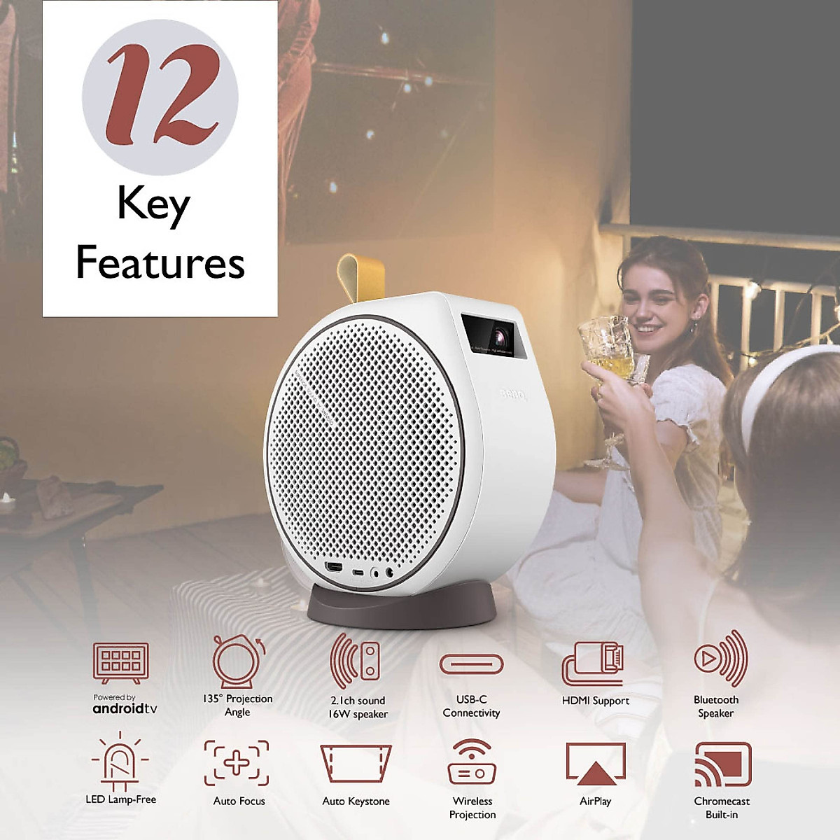 BenQ GV30 LED Portable Ceiling Projector with 135˚ Rotating Angle Projection | Extra Bass Bluetooth Speaker | Android TV 10 |Auto Focus & Vertical Keystone | WiFi |Chromecast & AirPlay | HDMI | USB-C