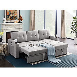 FANYE Linen Upholstery Tufted Sofa&Couch,L-Shaped Corner Reversible Sleeper Sectional Sofa Couch Sofabed w/Storage Chaise,Cupholders, USB Charging Port and Pockets for Living Room Furniture Set