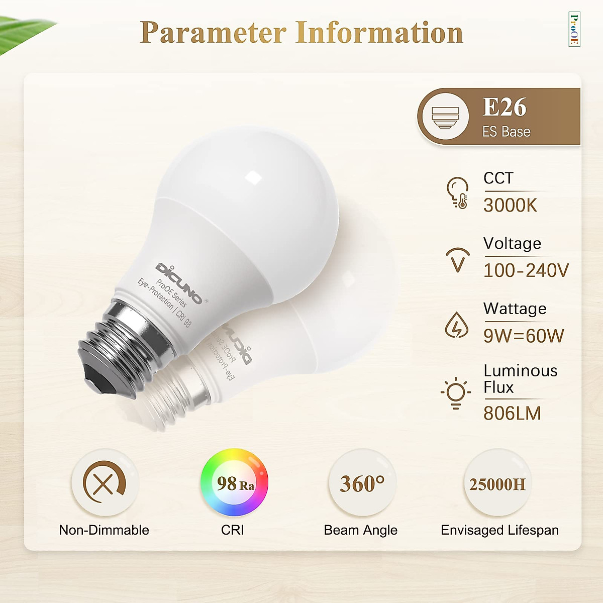 DiCUNO ProOE A19 LED Bulbs 60W Equivalent, 3000K Warm White, 806 Lumens 9W LED Light Bulb, High CRI 98, Non-dimmable, 100-240V, E26 Medium Base, Frosted, Pack of 6