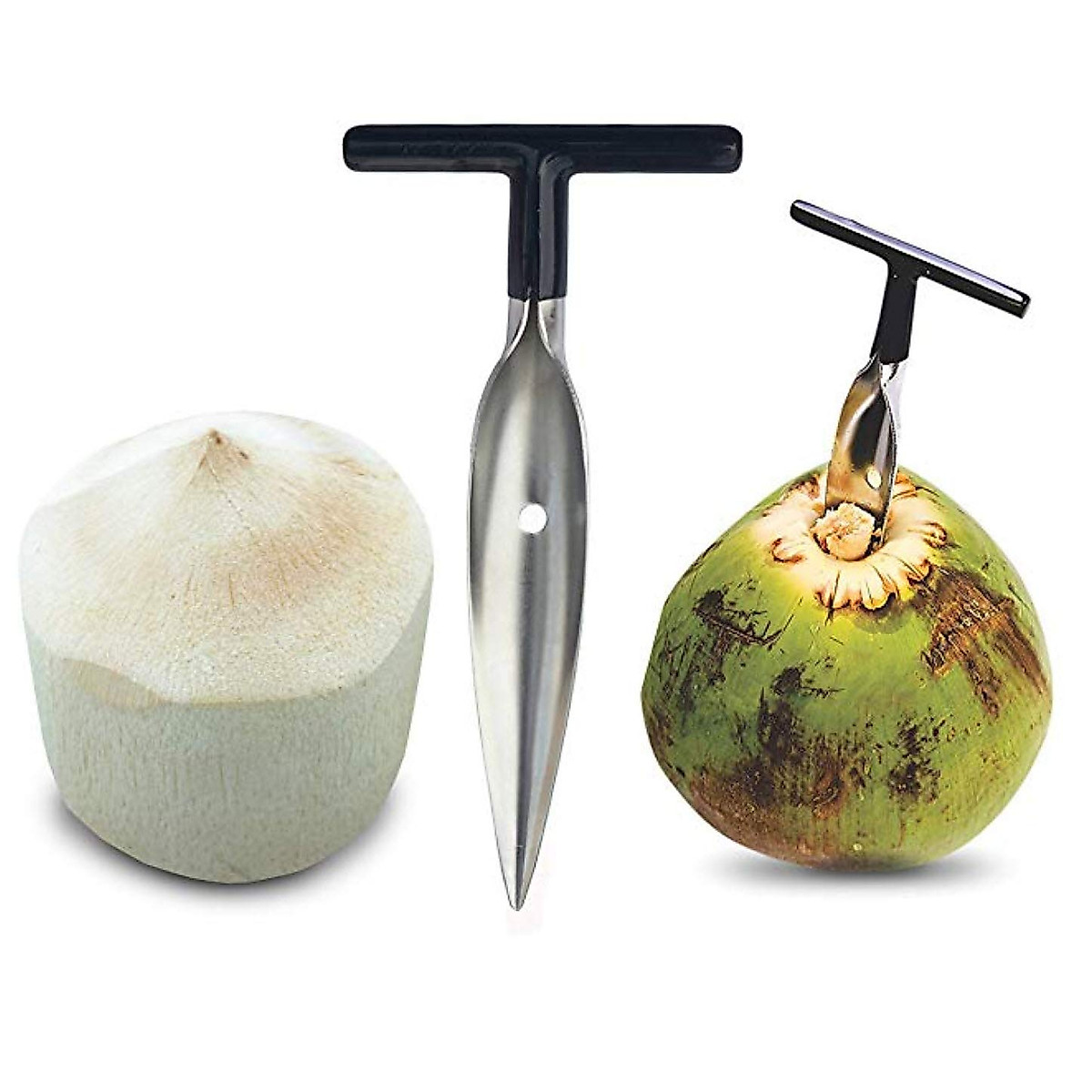 Coconut Opener Tool – Stainless Steel Coconut Meat Removal & Tap Opener Set – Practical & User-Friendly – Compatible with Peeled Thai Young White & Green Coconuts