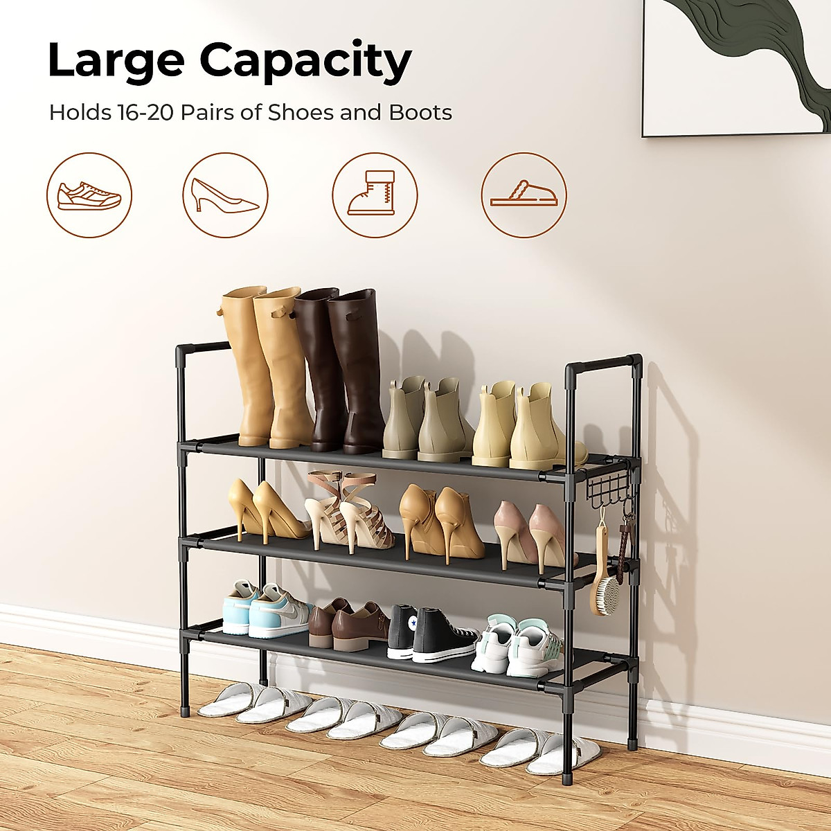VTRIN Shoe Rack 3 Tier Long Shoe Organizer for 16-20 Pairs of Shoes Stackable Fabric Metal Shoe Storage Shelf with Hook for Closet, Entryway, Garage, Black