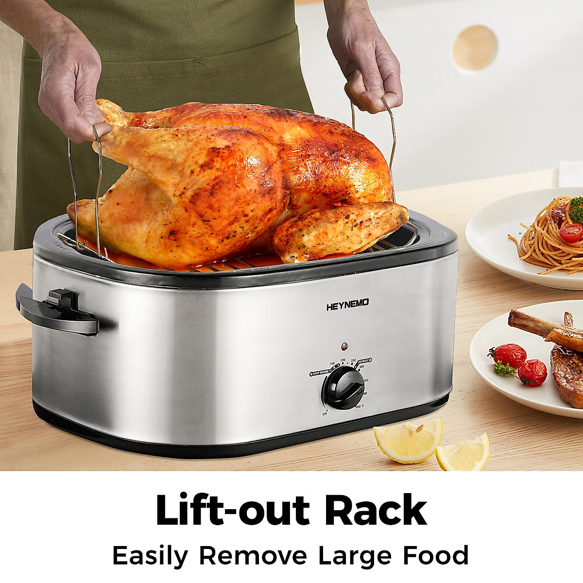 20qt Turkey Roaster Oven, 24lb Electric Roaster w/Self-Basting Lid and Removable Pan & Rack, 150°F-450°F Temperature Controls, Electric Roaster Oven for Roasting, Grilling, Baking，Easy Clean, Silver
