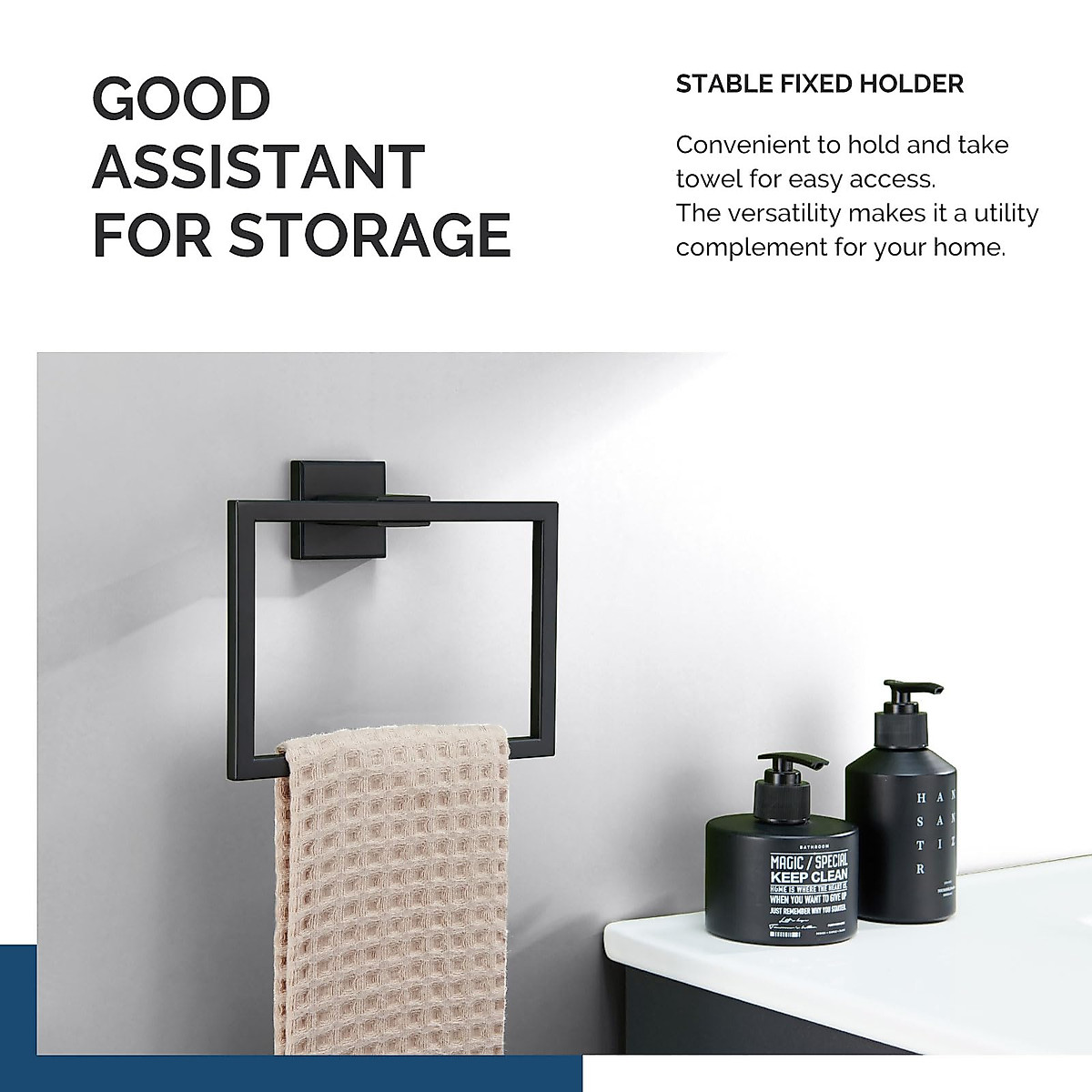 Towel Holder Matte Black, Angle Simple Stainless Steel Bathroom Hand Towel Rack, Square Towel Ring for Wall, 7.09-Inch