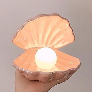 Koolouispoper Ins Japanese Style Ceramic Shell Pearl Night Light Streamer Mermaid Fairy Shell Night Lamp for Bedside Home Decoration Xmas Gift (Pink)