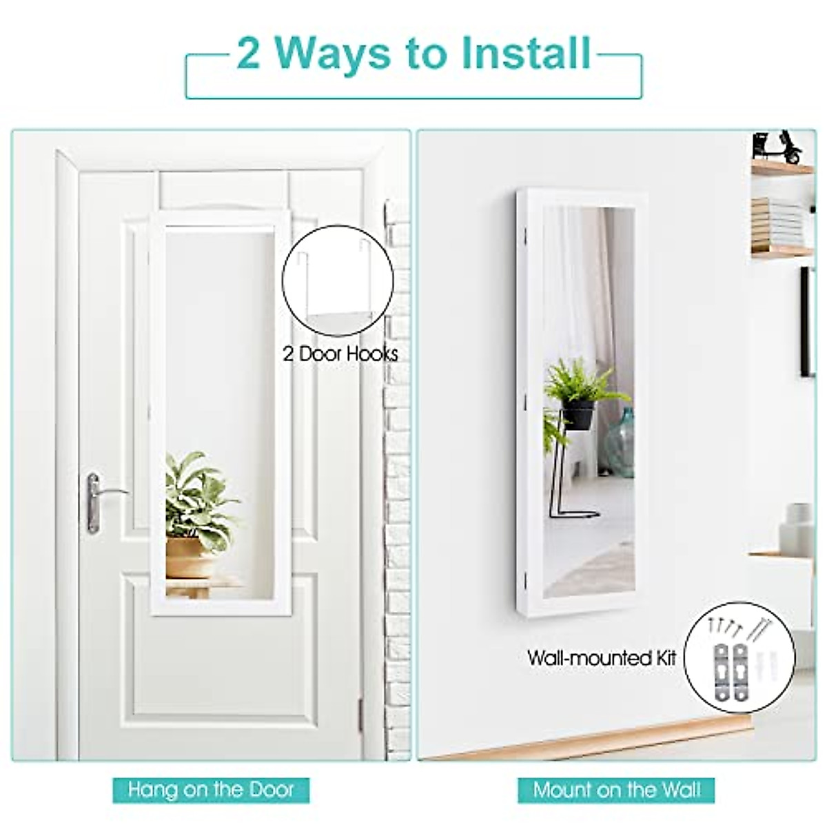 COSTWAY Full Length Mirror Jewelry Cabinet, Wall Door Mounted Jewelry Organizer w/Makeup Mirror, Ring Slots & Necklace Hooks, Large Storage Jewelry Armoire for Bedroom, Dressing Room (White)