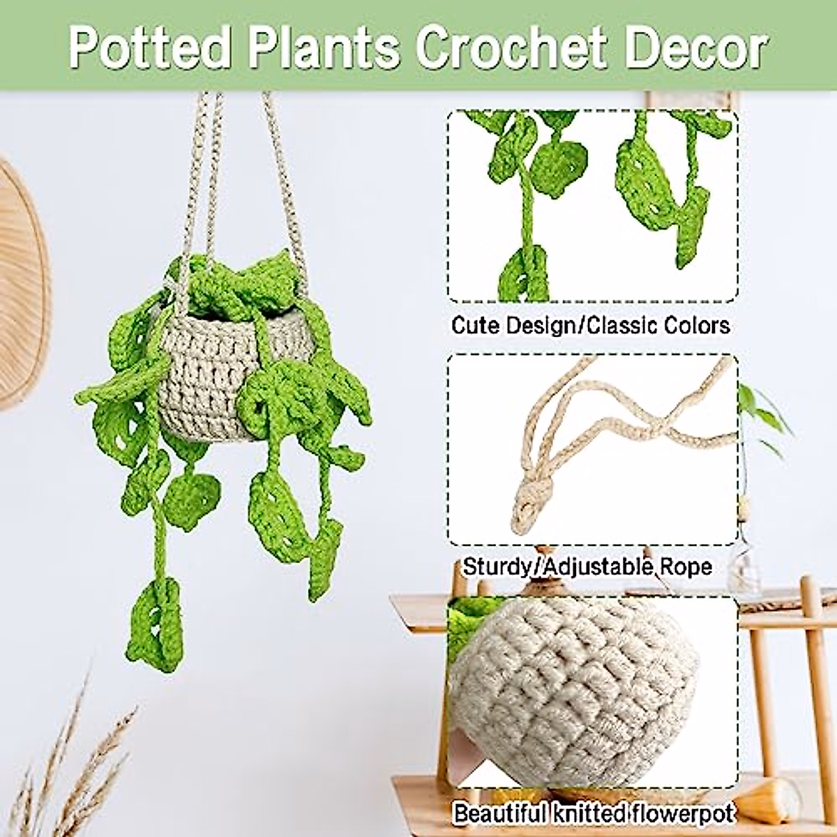 Crochet Hanging Plant for Car Cute Potted Plants Crochet Decor Car Mirror Hanging Accessories Rear View Ornament Hanging Boho Handmade Knitted Pendant (Light Green)