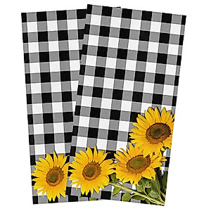 Yellow Sunflower Black Buffalo Plaid Spring Floral Kitchen Towels Dish Cloth Towel Absorbent Hand Towel Cleaning Cloth,Farm Vintage White Check Dishcloth Quick Drying for Dishes Counter 2 Pack