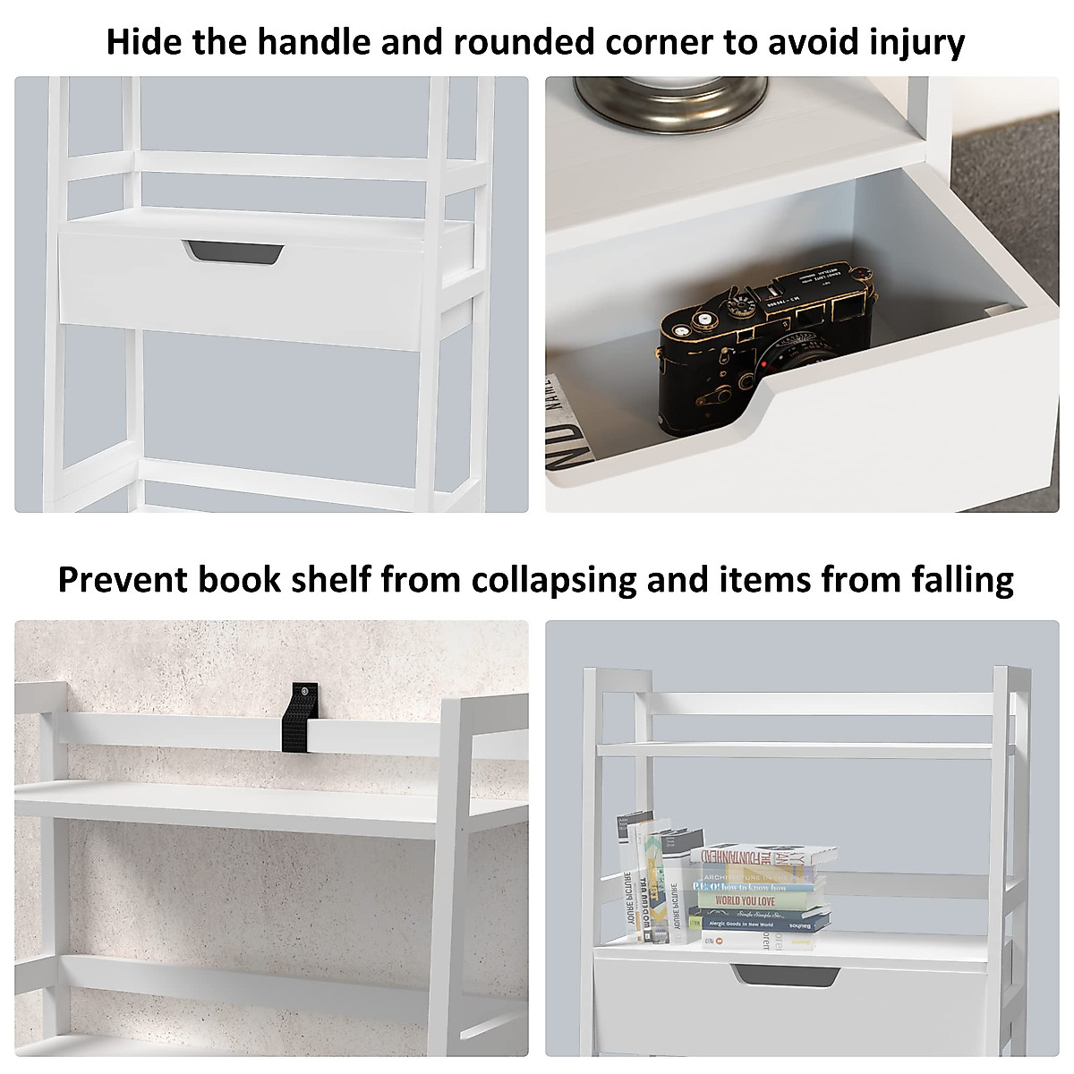 Bookshelf with Drawer, 5 Tiers Bamboo Bookcase Book Shelf Storage Organizer Modern ladder Shelf Display Stand Shelving Unit Tall Book Shelf Corner Rack for Home Office,Living Room,Kitchen,Bedroom,Toy