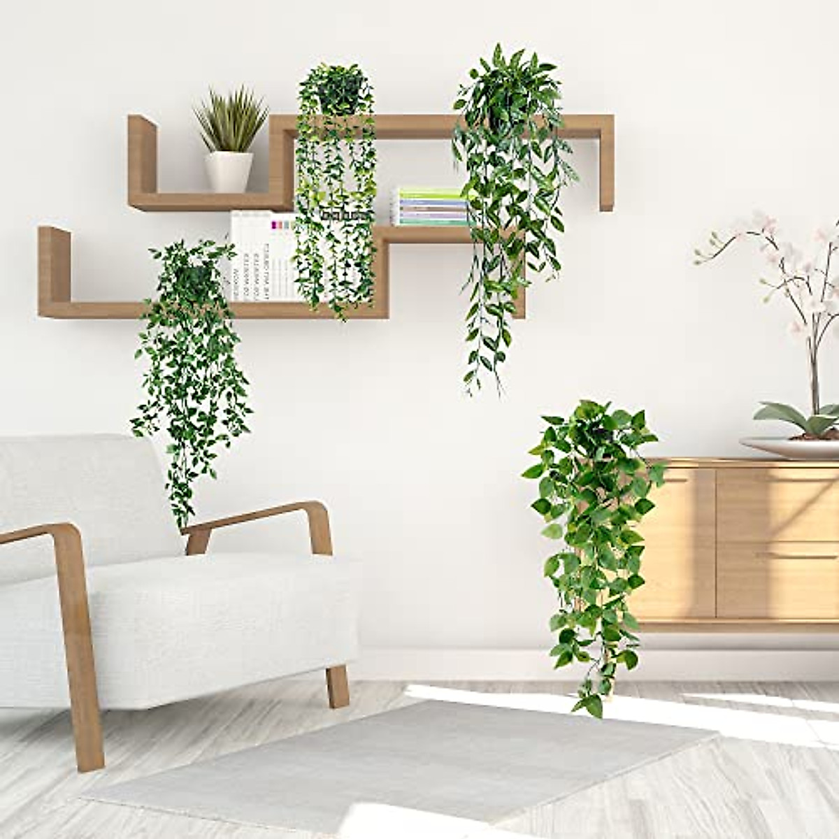 Sggvecsy Fake Hanging Plants 4 Pack Artificial Hanging Eucalyptus Plants Fake Potted Greenery Faux Eucalyptus Mandala Vine Ivy Vine Leaves Pea Pod for Home Indoor Outdoor Wall Garden Decor