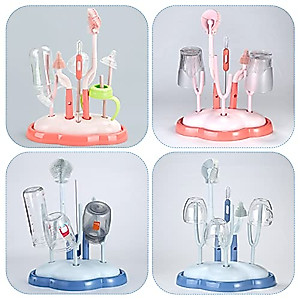 Baby Bottle Brush and Drying Rack, VOOWO Rotating Silicone Bottle Brush with Long Handle, Bottle Drying Rack with Bottle Cleaner Brush & Nipple & Straw Cleaner (Pink Rotating Brush & Drying Rack)