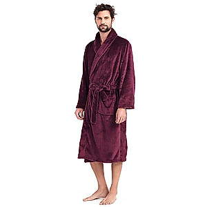 HOLOVE Men’s Fleece Shawl Collar Robe Plush Warm Bathrobe Soft Luxurious Dressing Gown for Men (Wine 2XL/3XL)