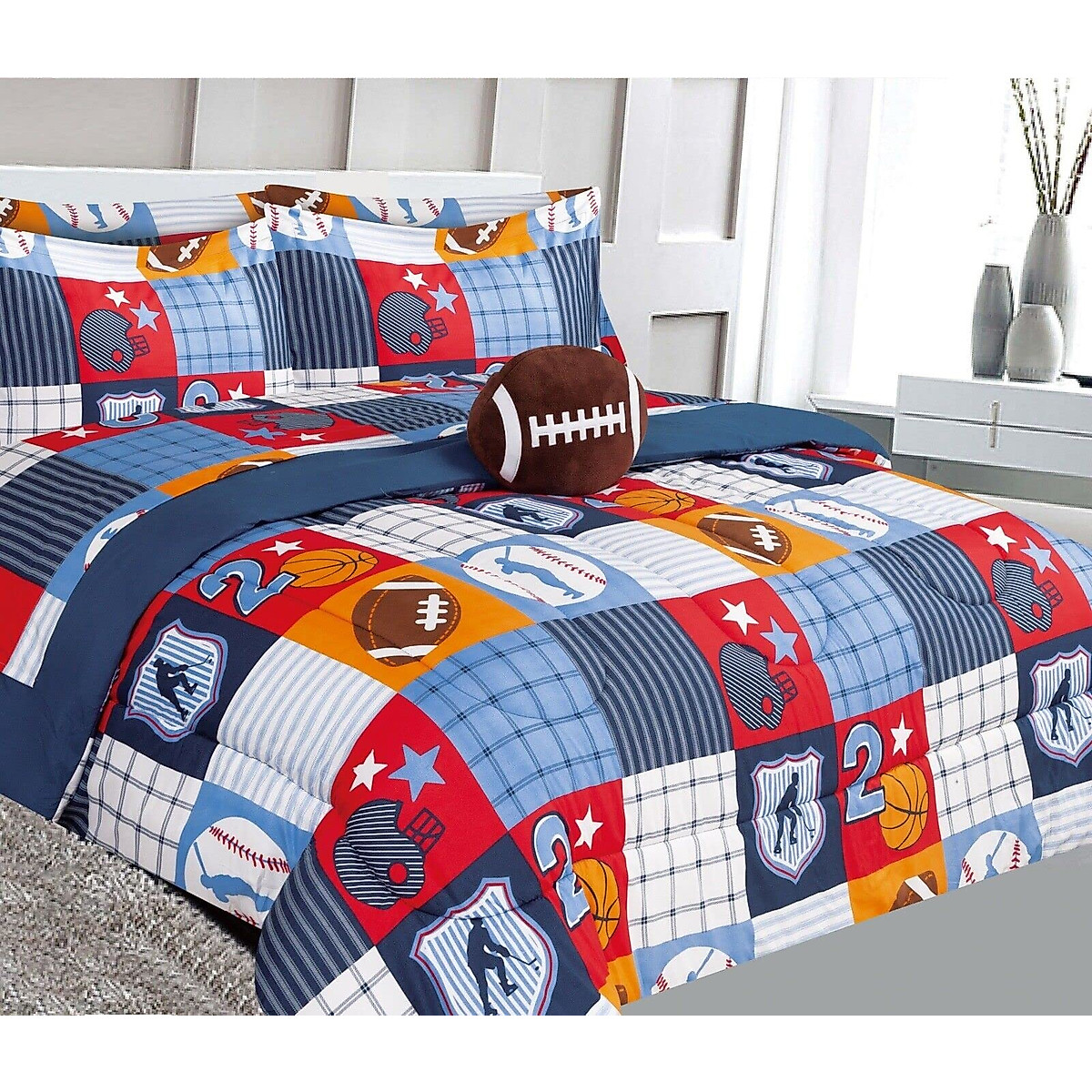 6 Piece Twin Girl Boy Teenager Toodler Comforter Bedding Bed in a Bag Complete Set Printed Comforter Sheets Pillowsham and Decorative Pillow (Patchwork Sports)
