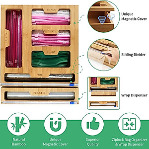 memrable [6 in 1] Ziplock Bag Storage Organizer, Aluminum Foil and Plastic Wrap Dispenser with Cutters, For Sandwich, Snack, Gallon, and Quart | Bamboo Kitchen Organizer