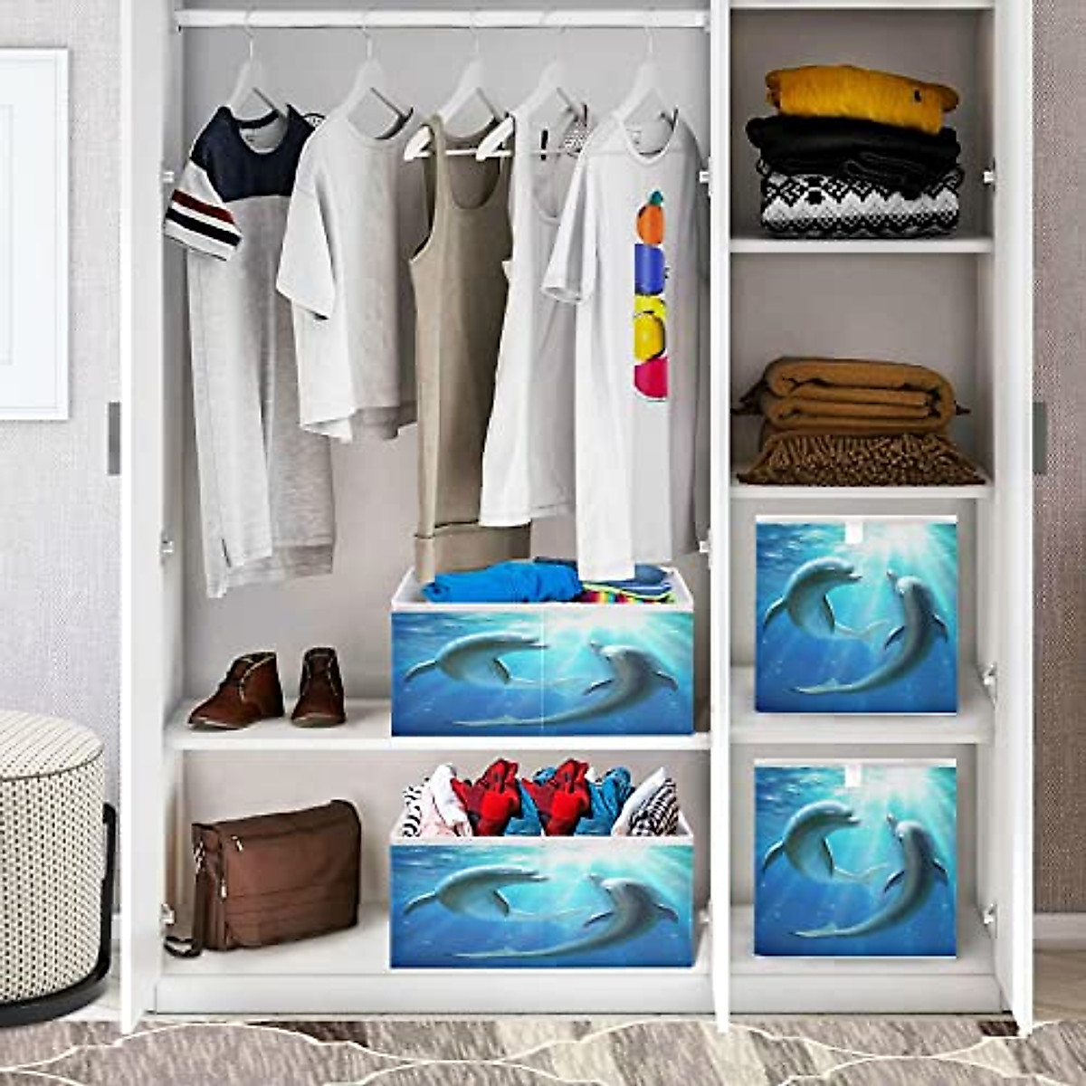 Kigai Dolphins Cube Storage Bins - 11x11x11 in Large Foldable Cubes Organizer Storage Basket for Home Office, Nursery, Shelf, Closet