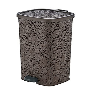 Compact Plastic Step-On Trash Can, Indoor and Outdoor Waste Bin with Foot Pedal, Brown Decorative Garbage Bin with Lace Design, 6 Qt Small Trash Can for Kitchen, Bathroom, Bedroom, Patio, Yard