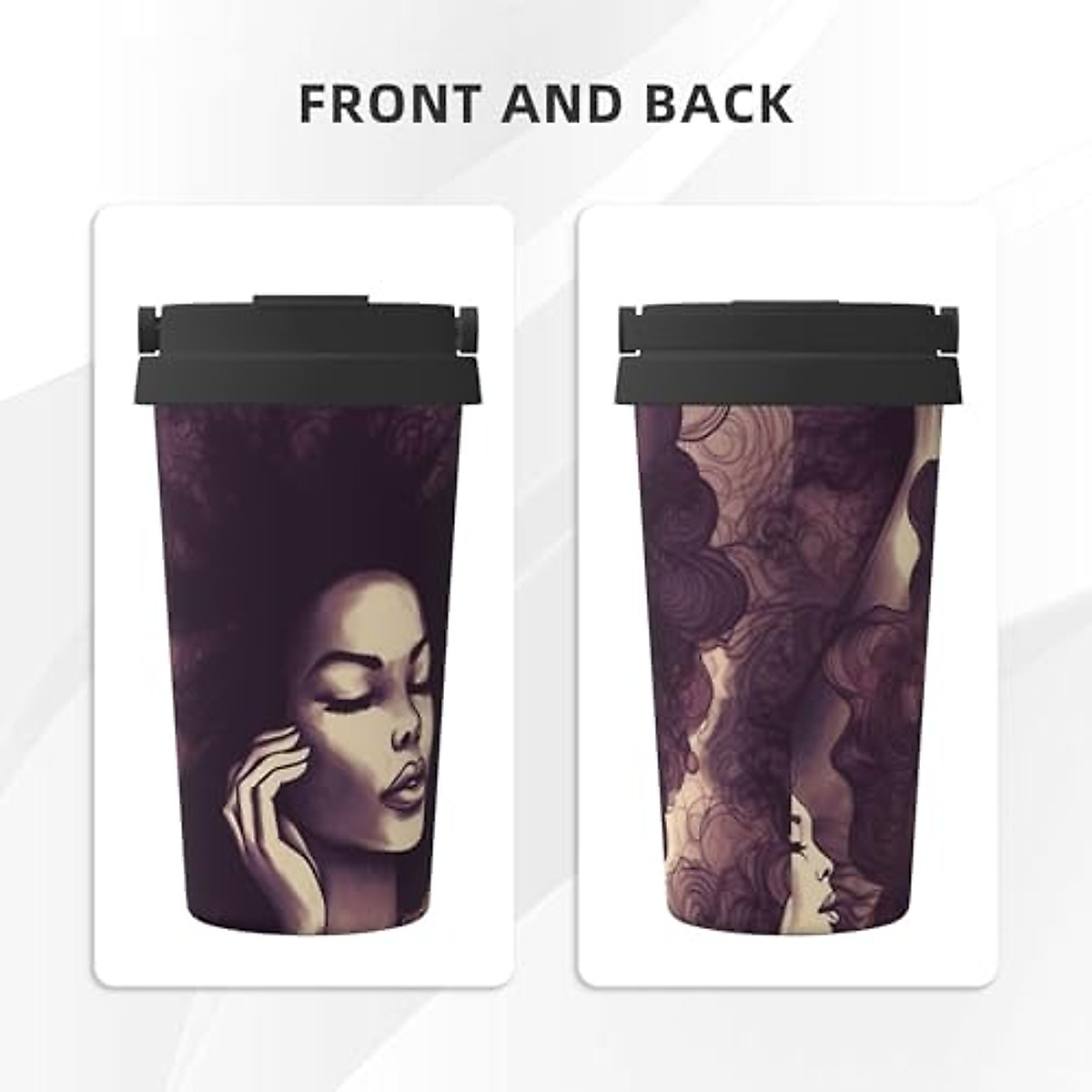 GTKSYNVE Reusable Coffee Mug with Lid and Handle, African Hair Black Women Tumbler for Hot & Cold Drinks 16oz Stainless Steel Insulated Coffee Tumblers Double Wall Vacuum Thermal Cup