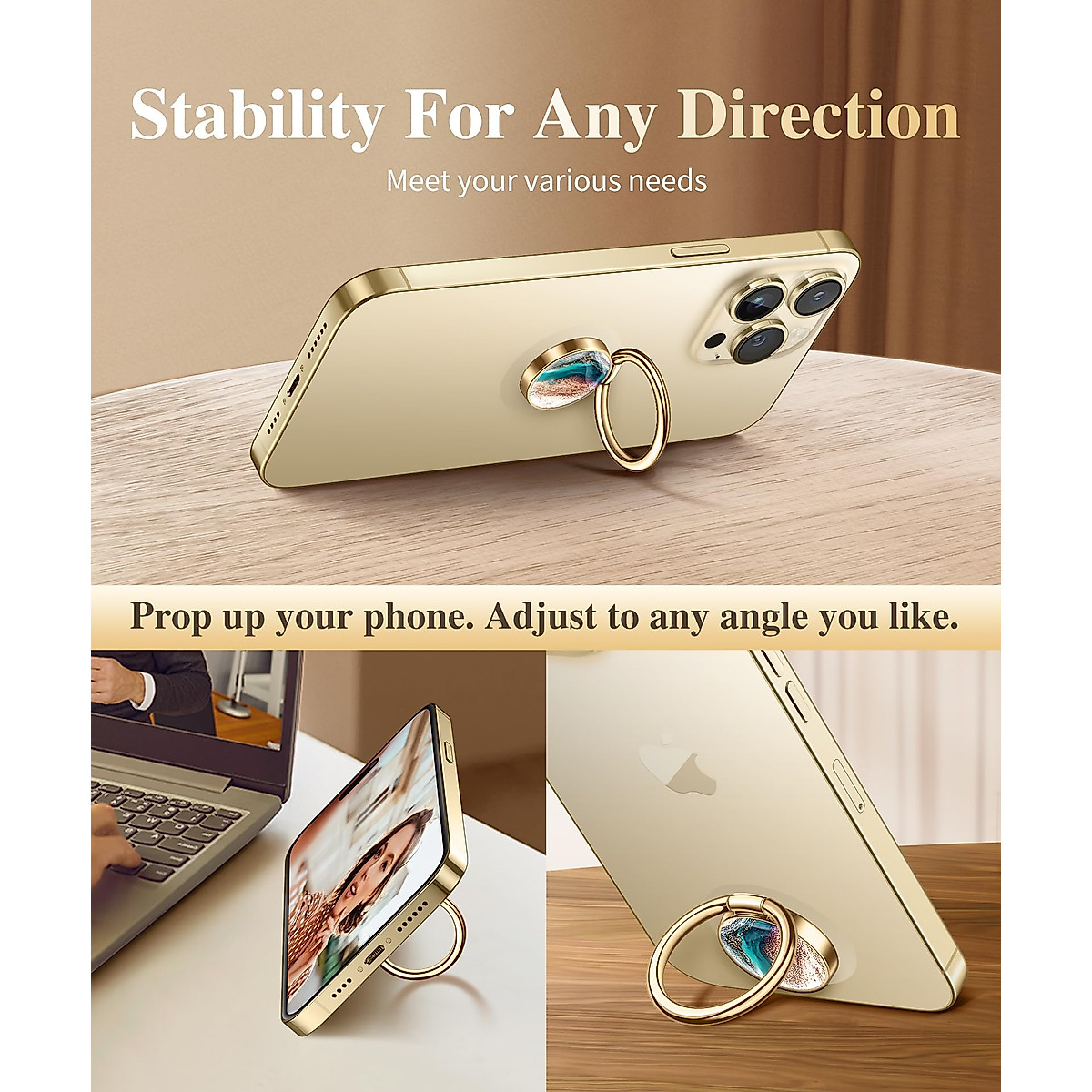 GVIEWIN Marble Cell Phone Ring Holder, Metal Kickstand Grip for Magnetic Car Mount Compatible with iPhone 16 Pro Max/15 Plus/14/13/12 Series & Galaxy S24/S23 Ultra and Other Phones(Drift Sand/Brown)