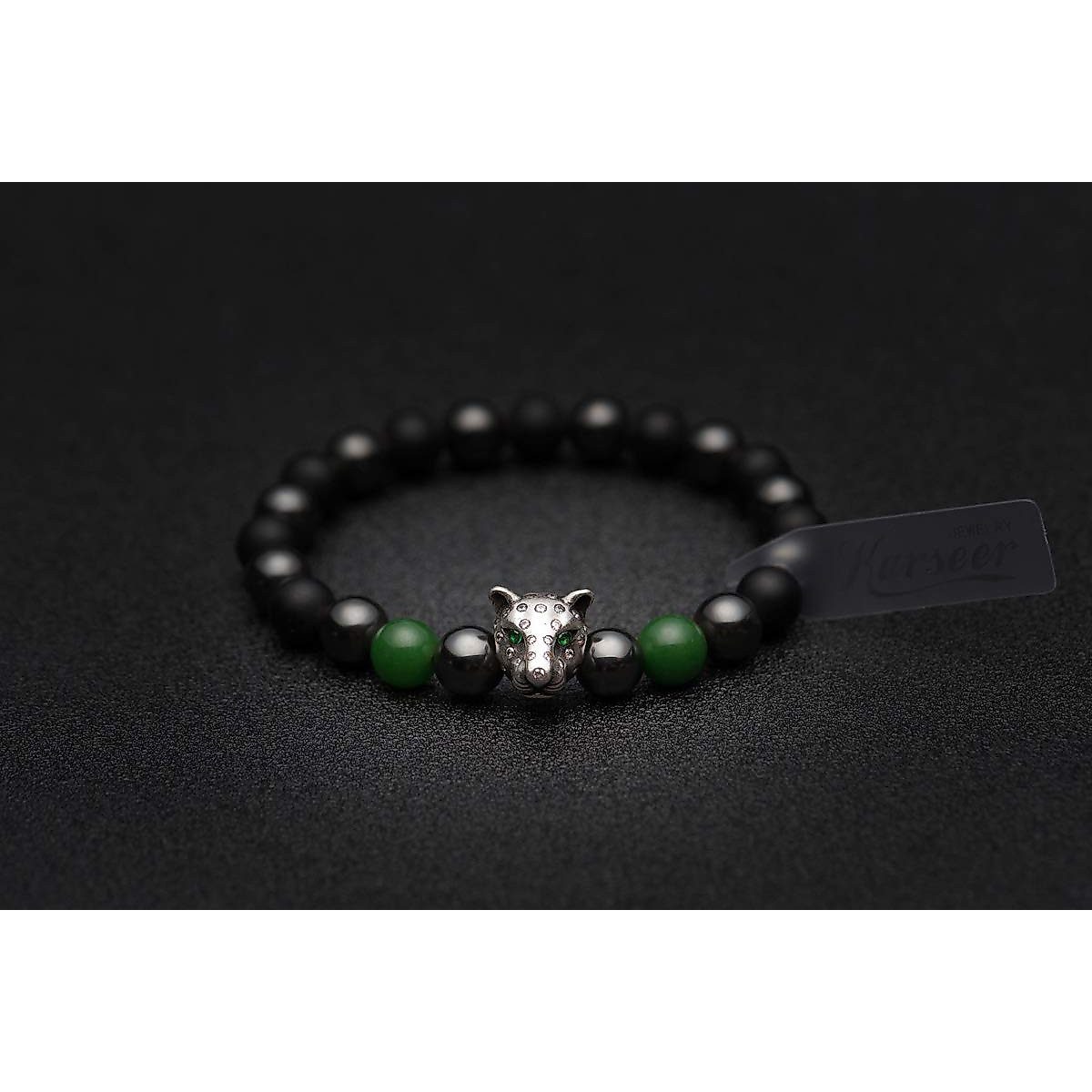 Karseer Antique Silver Panther Hematite and Matte Onyx Natural Stones Beaded Stretch Bracelet Meditation Prayer Stress Relief Energy Beads Bracelet for Men Women