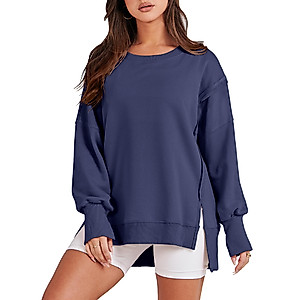 ANRABESS Women's Oversized Sweatshirts Crew Neck Long Sleeve Shirts Casual Loose Slit 2025 Fall Clothes Navy Blue S