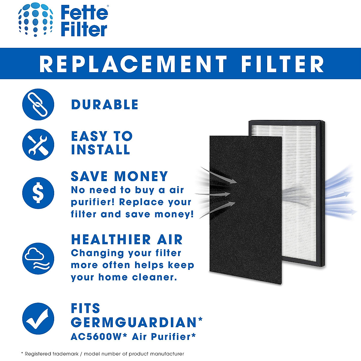 Fette Filter - True HEPA Air Purifier Filter Compatible with Germ Guardian FLT5600 Filter N for Model AC5600W. Compare to Part # FLT5600. (Pack of 2)