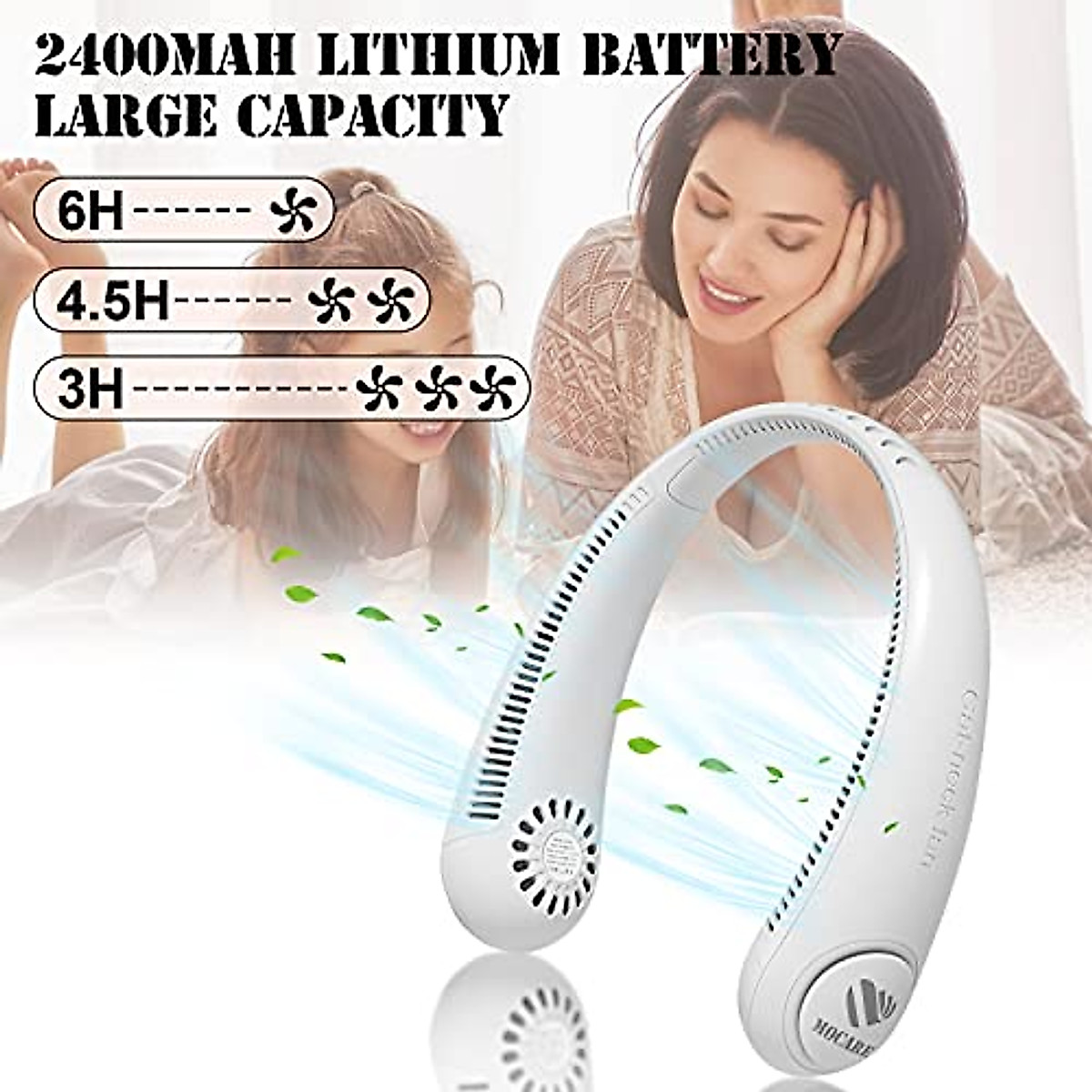 MOCARE Portable Neck Fan, USB Personal Bladelss Fans Rechargeable Cooling Hands Free Lightweight For Outdoor Sports Travel Office Camping (White)