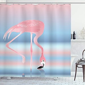 Ambesonne Flamingo Shower Curtain, Illustration of Royal Animal in The Lake Soft Pale Romantic Colors Art Work, Cloth Fabric Bathroom Decor Set with Hooks, 69" W x 70" L, Pink Blue
