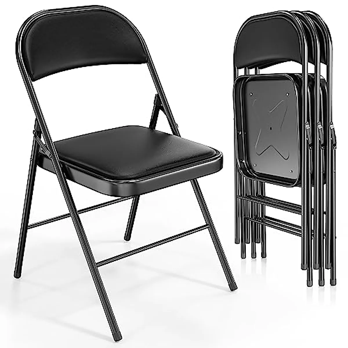 VINGLI 4 Pack Folding Chairs with Padded Seats, Metal Frame with Pu Leather Seat & Back, Capacity 350 lbs, Set of 4, Black