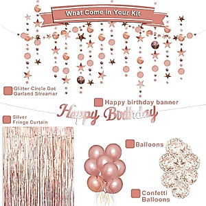 Rose Gold Birthday Party Decoration - Happy Birthday Banner, Glitter Circle Dot Garland Streamer, Rose Gold Fringe Curtain, Foil Tablecloth, Rose Gold Balloons, for Women Girl Birthday Party