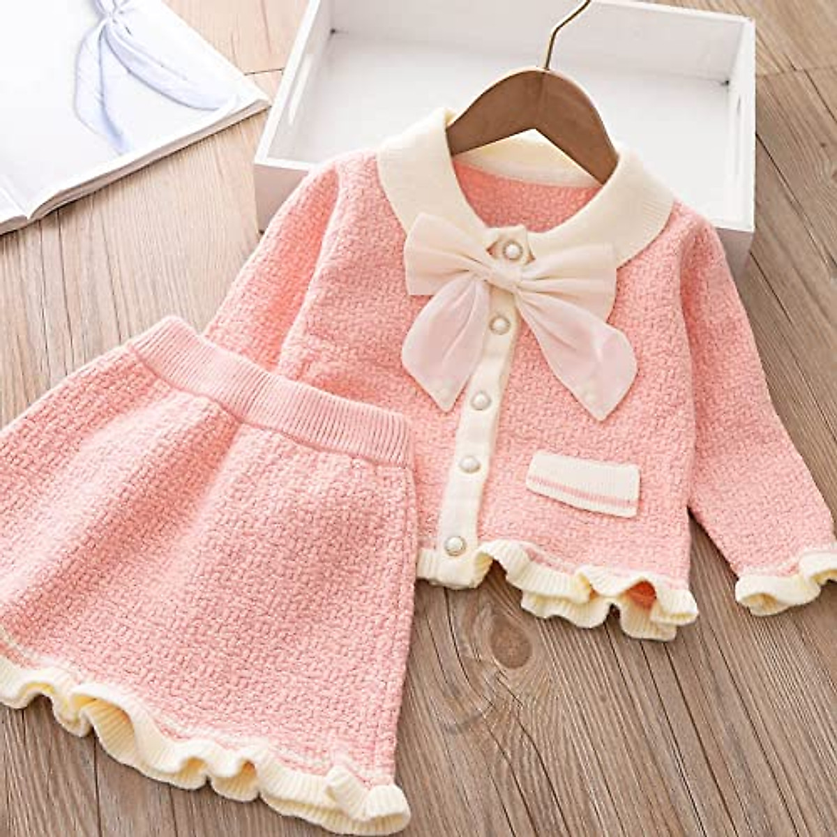 Toddler Baby Girls Fall Winter Outfit Long Sleeve Knitted Buttons Sweater Tops Mini Skirt Birthday Princess Cardigans Bowknot Ruffle Knit Autumn Spring Winter Clothes Set Pink-Bowknot 12-18 Months