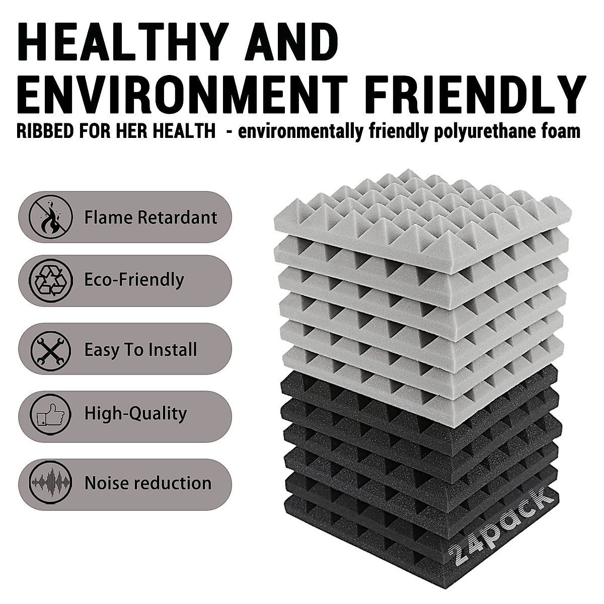 Acoustic Sound Foam Panels, 2" X 12" X 12" Soundproof Wall Panels For Bedroom Soundproofing Treatment Studio Wall Padding Sound Absorbing Pyramid Acoustic Treatment (24 PACK, Black+Grey)