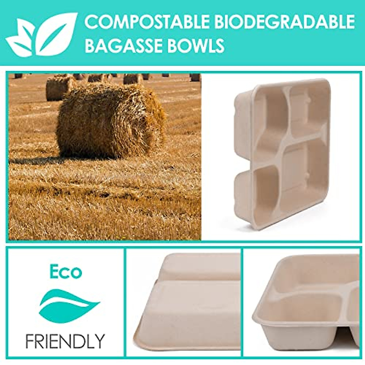 Kaderron 50 Pack 8 Inch To Go Containers Clamshell Food Containers 34 OZ, 3 Compartment Take Out Boxs Microwave Safe for Food Servicing